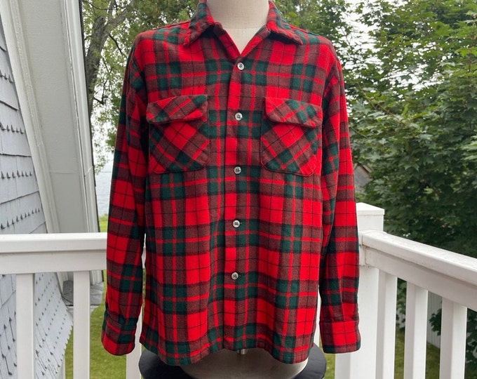Vintage 1960s Wool Plaid Shirt, Red, Black Green, Skyline Brand ...