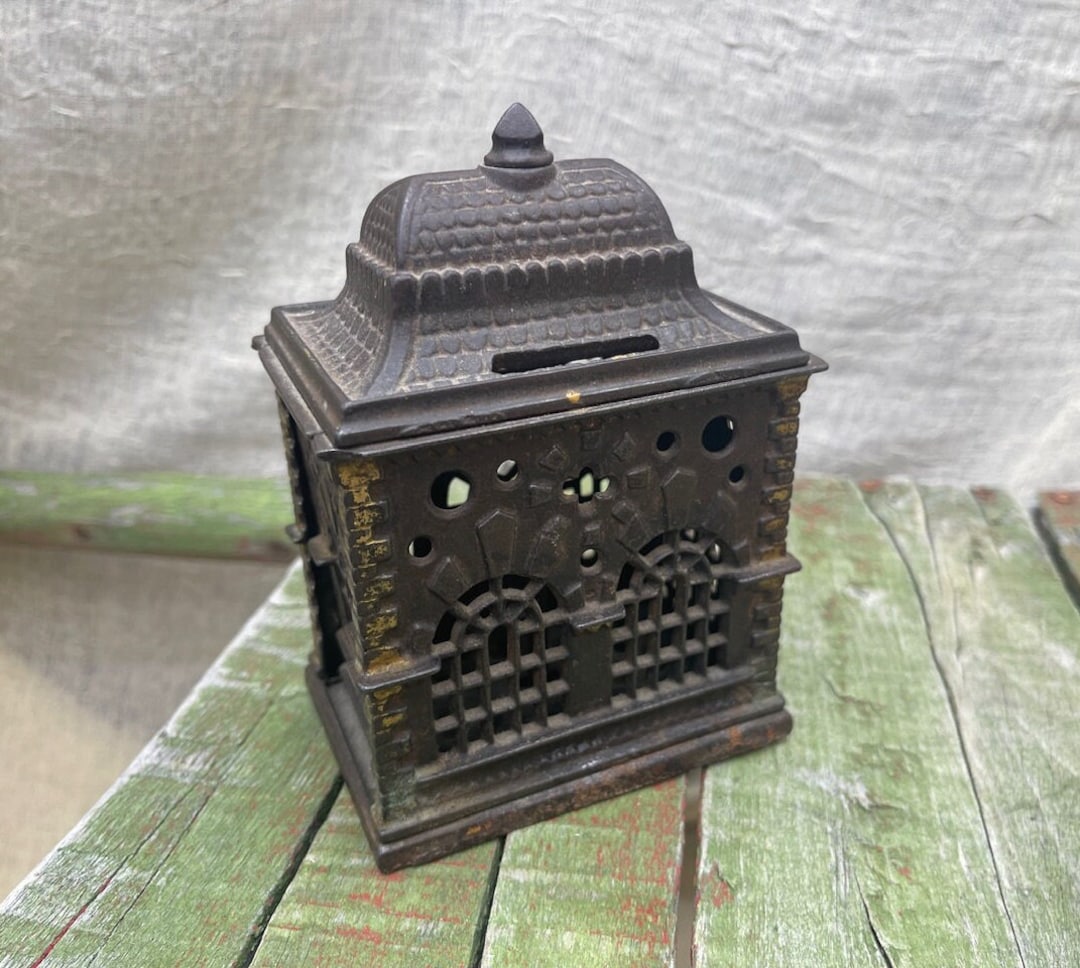Antique Cast Iron Coin Bank, Home Savings Bank Building, Gold Trim, 19th Century, Collectible ...