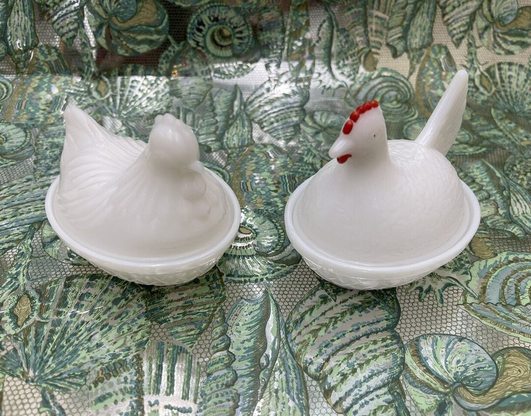 Vintage Set of 2 Milk Glass Chicken Hen Covered Dishes, Opaque White ...