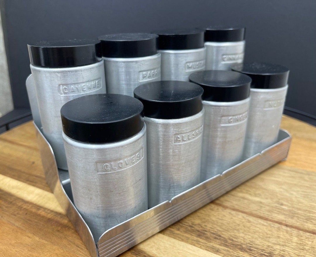 Vintage Kromex Spice Jar Set, Aluminum, Set of 8, Black Bakelite Style ...