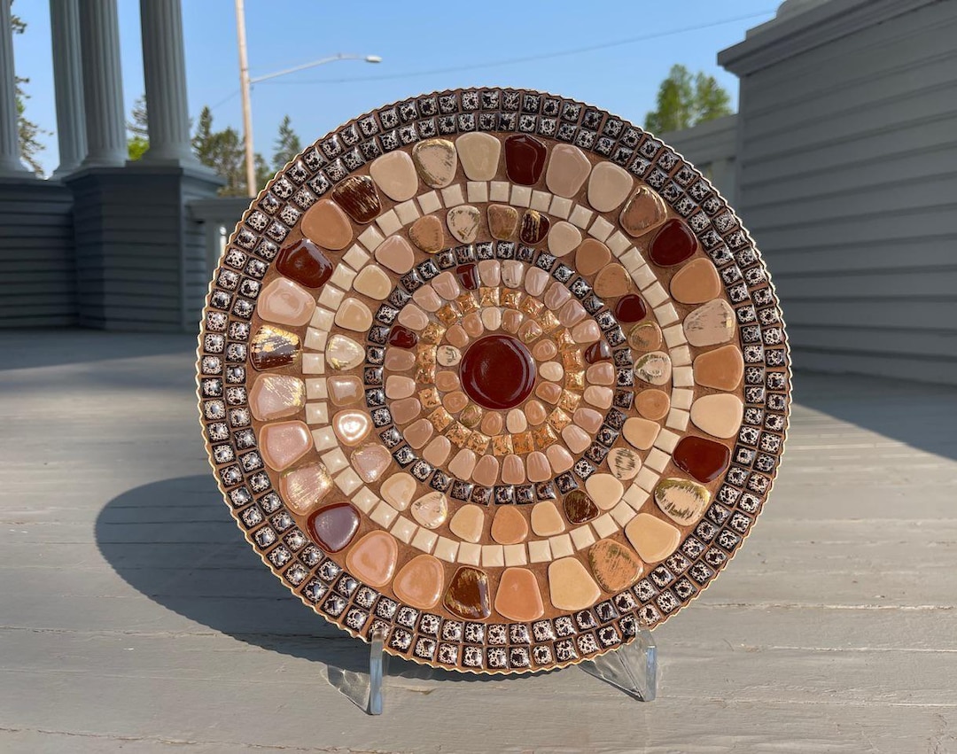 Vintage Mid Century Mosaic Tile Plate, Large 12”, Mauve, Brown, Tan ...