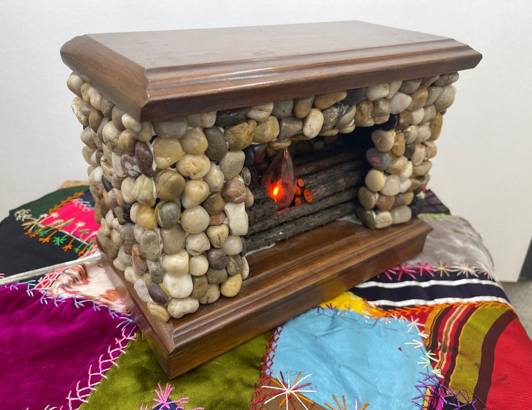 Handmade Stone Fireplace Lamp, Flickering Light, Real Stones & Wood ...