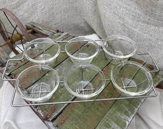 Vintage 1940s Pyrex Custard Cups in Metal Caddy, Set of Six Clear Glass ...