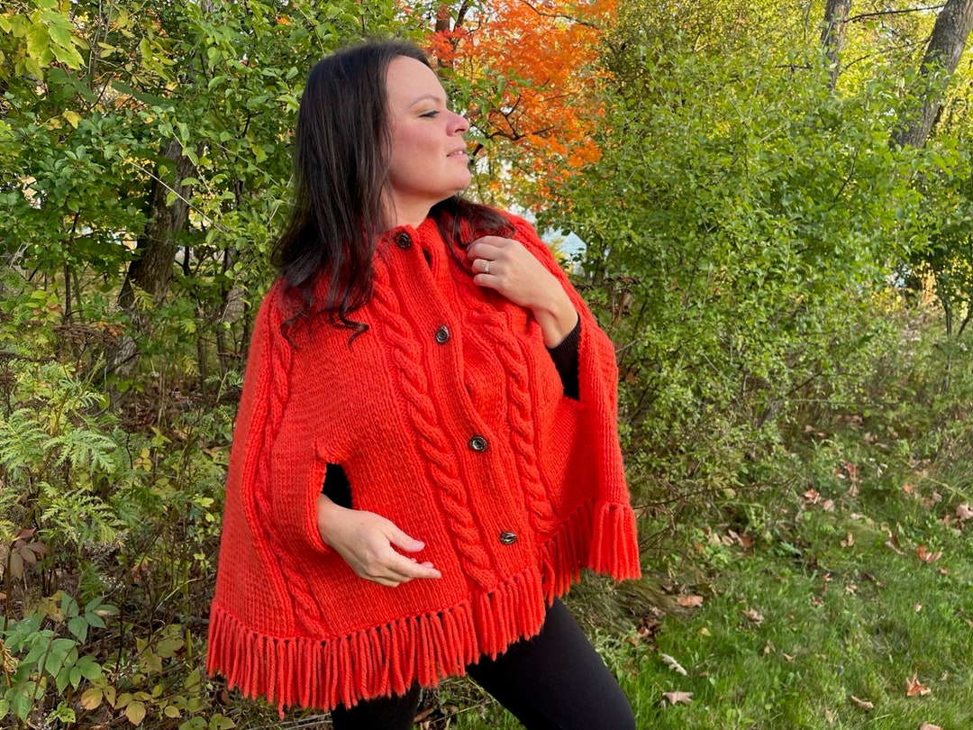 Vintage Hand Knit Orange Poncho / Shawl / Cape, Fringe, Arm Holes ...