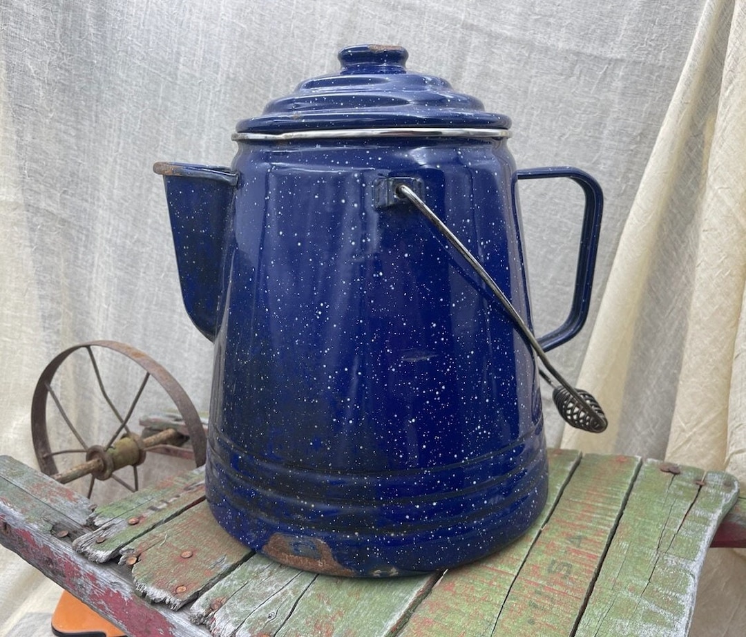 Antique Enamelware Coffee Pot, LARGE, Blue Speckled Enamel Metal Bail ...
