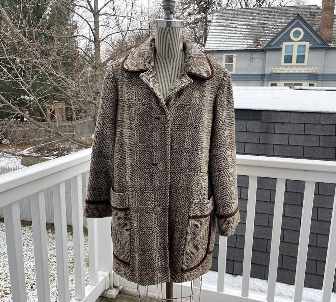 Vintage Tweed Wool Jacket, Mary Jane Brand, Brown, Beige, 1970s, Velour Piping, Buttons, Satin ...