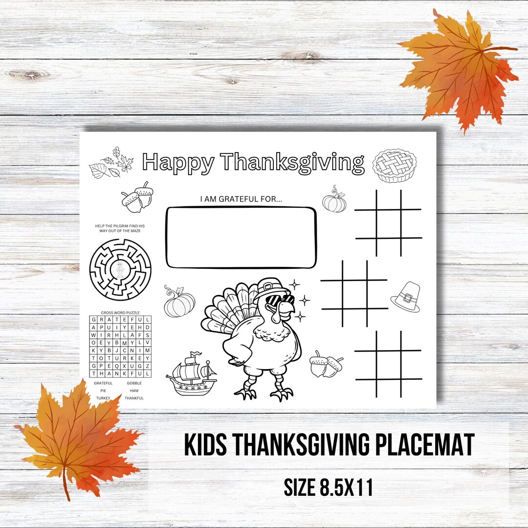 Thanksgiving Placemat for Kids, Printable Holiday Activity, Cute Turkey ...