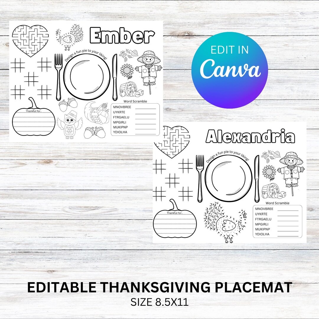 Editable Thanksgiving Placement Mat for Kids, Printable Holiday ...