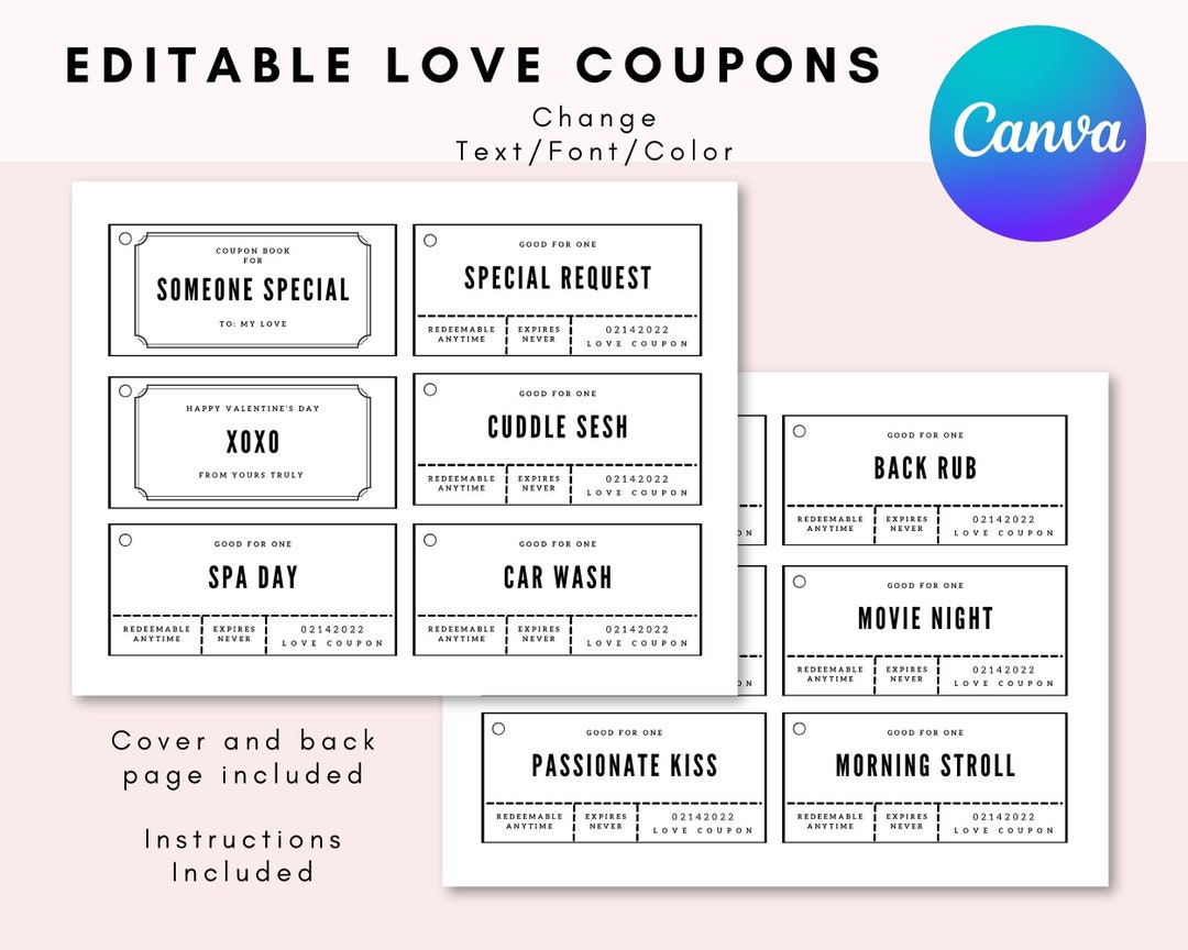Editable Love Coupons, Love Coupons, Couple Coupons, Valentine Gift ...