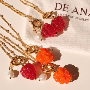 Raspberry Handmade Lampwork Beads Necklace, Waterproof Fruit Pearl Gold ...