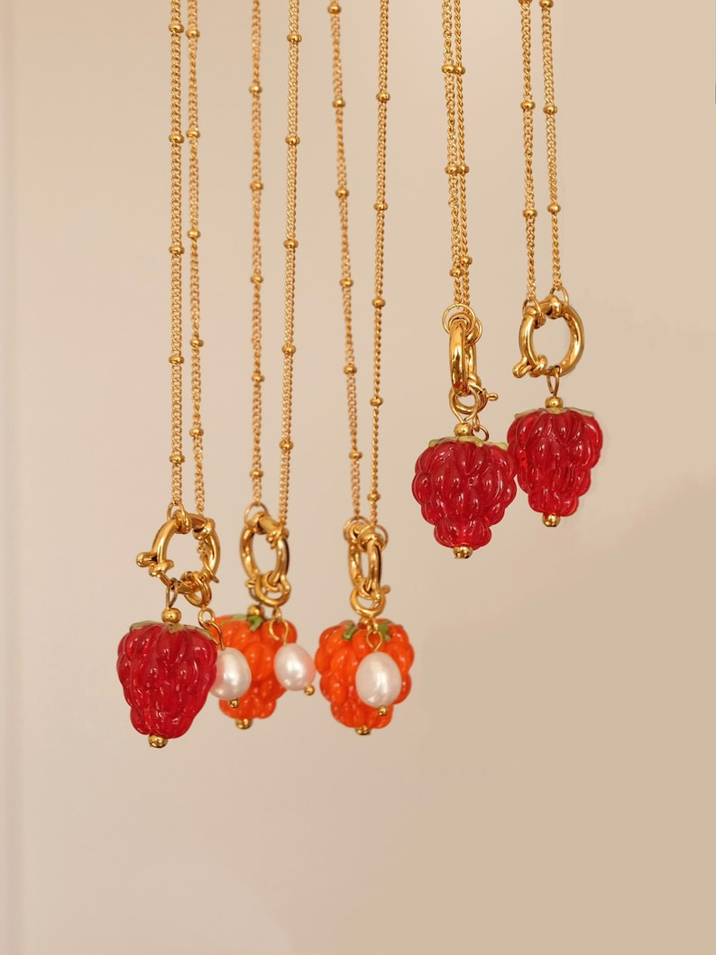 Raspberry Handmade Lampwork Beads Necklace, Waterproof Fruit Pearl Gold ...