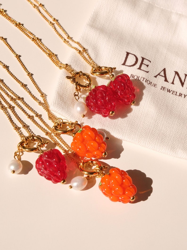 Raspberry Handmade Lampwork Beads Necklace, Waterproof Fruit Pearl Gold ...