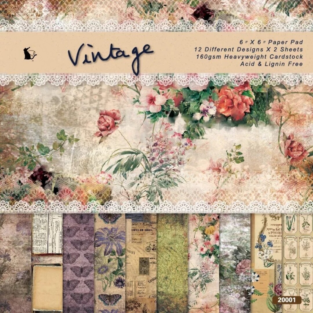 Vintage Cardstock Set 24 Sheets Shabby Chic Scrapbooking 6x6 Paper Pad ...