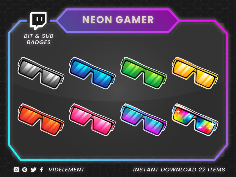 Neon Gamer Twitch Sub Badges: Unique Character Glasses (22 .PNG) - Etsy