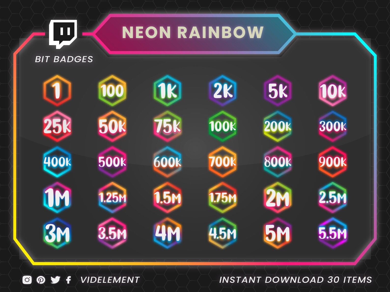 Neon Twitch Bit Badges: Rainbow Cheer Emblems (30 Items) - Etsy
