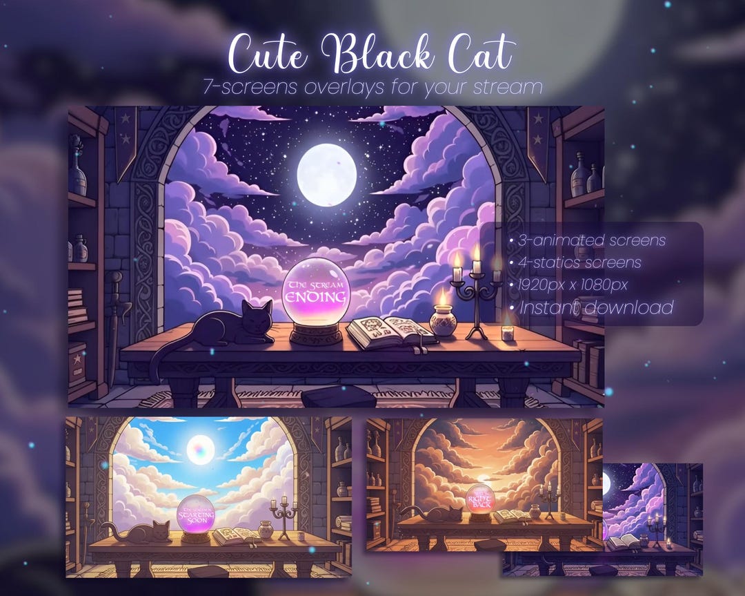 Cat Streaming Package, Nigth, Kitten, Twitch, Cozy, Overlay, Cats ...