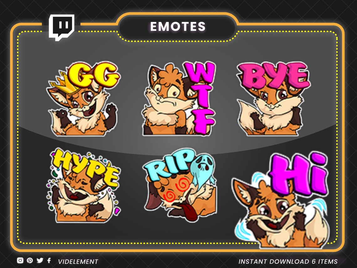 6 Little Fox Emotes: Hi Emote GG Emote RIP Emote WTF Emote - Etsy