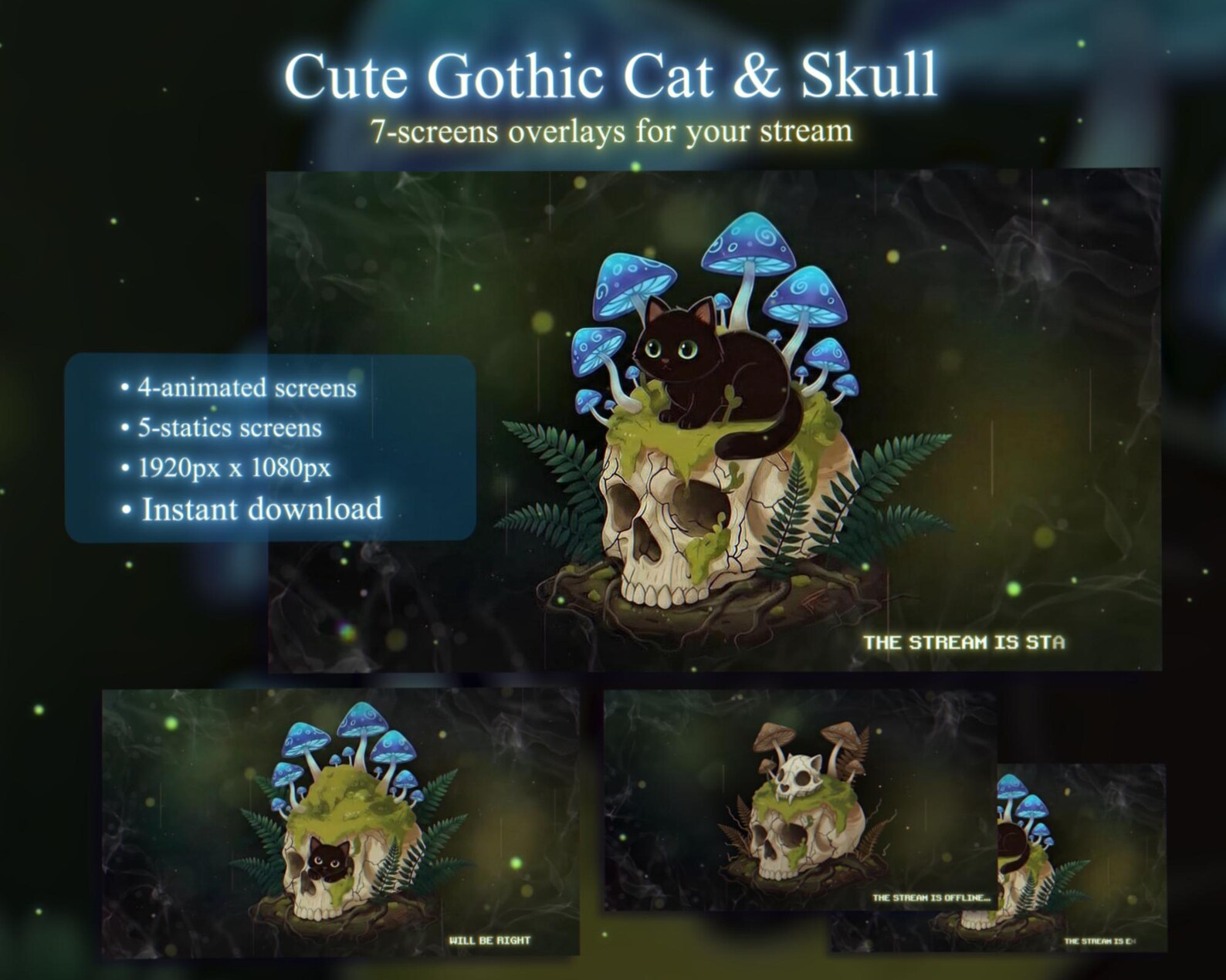 Animated Gotic Cat Reaper Twitch Screens, Cat Stream Overlays Starting ...