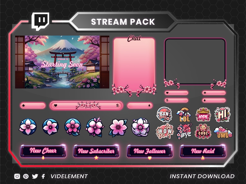 Sakura Stream Overlay Pack: Japanese Blossom Twitch Emotes, Alerts, and ...