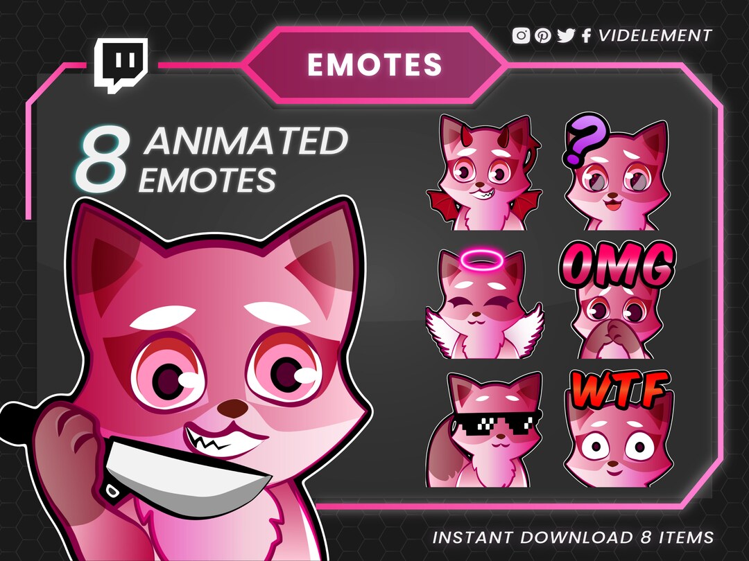 Pack of 8 Animated Pink Fox Chibi Emotes for Twitch Streamers Twitch ...