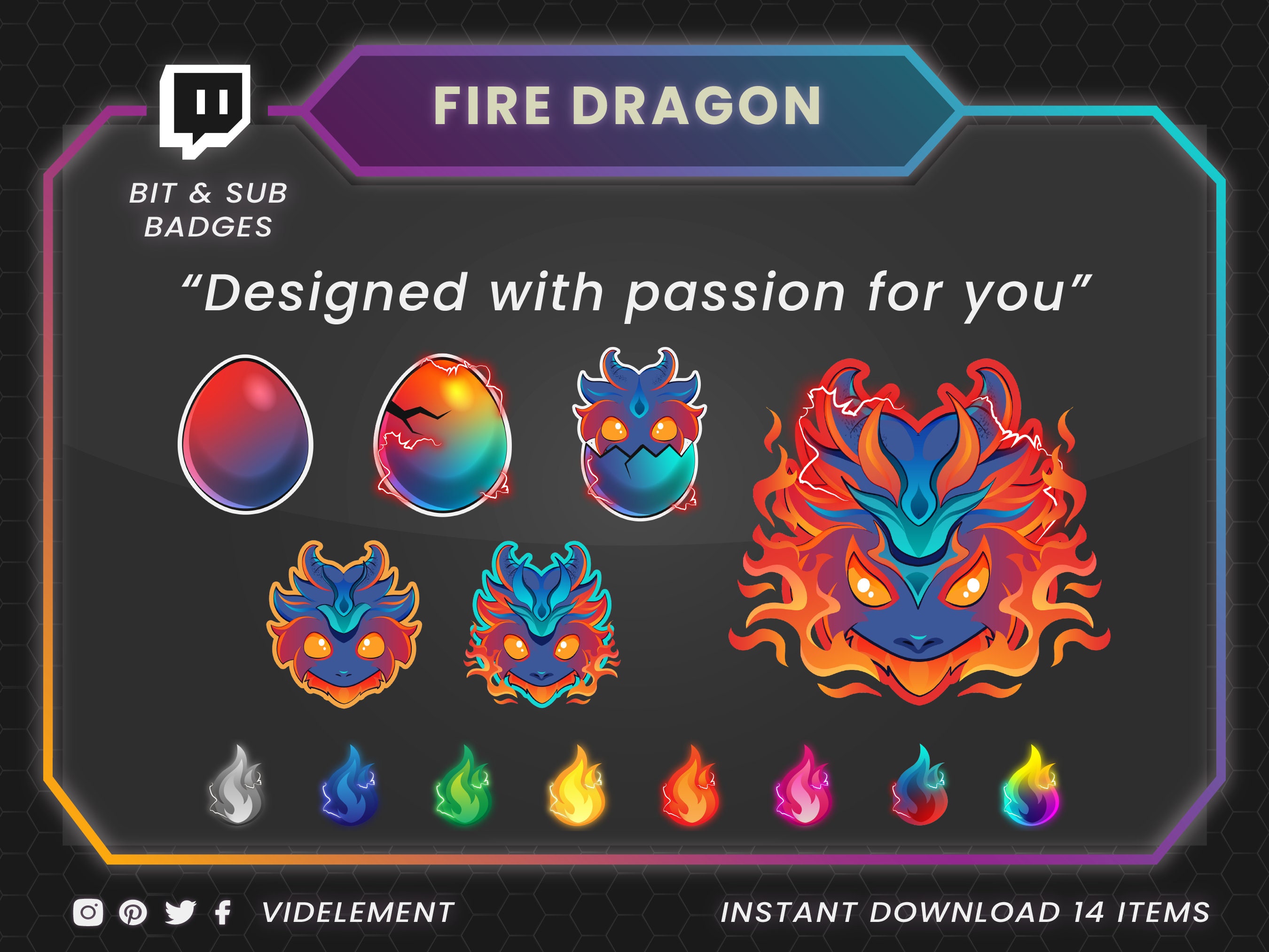 Red Fire Dragon Twitch Sub-badges & Flame Bit Badges: Illuminate and ...