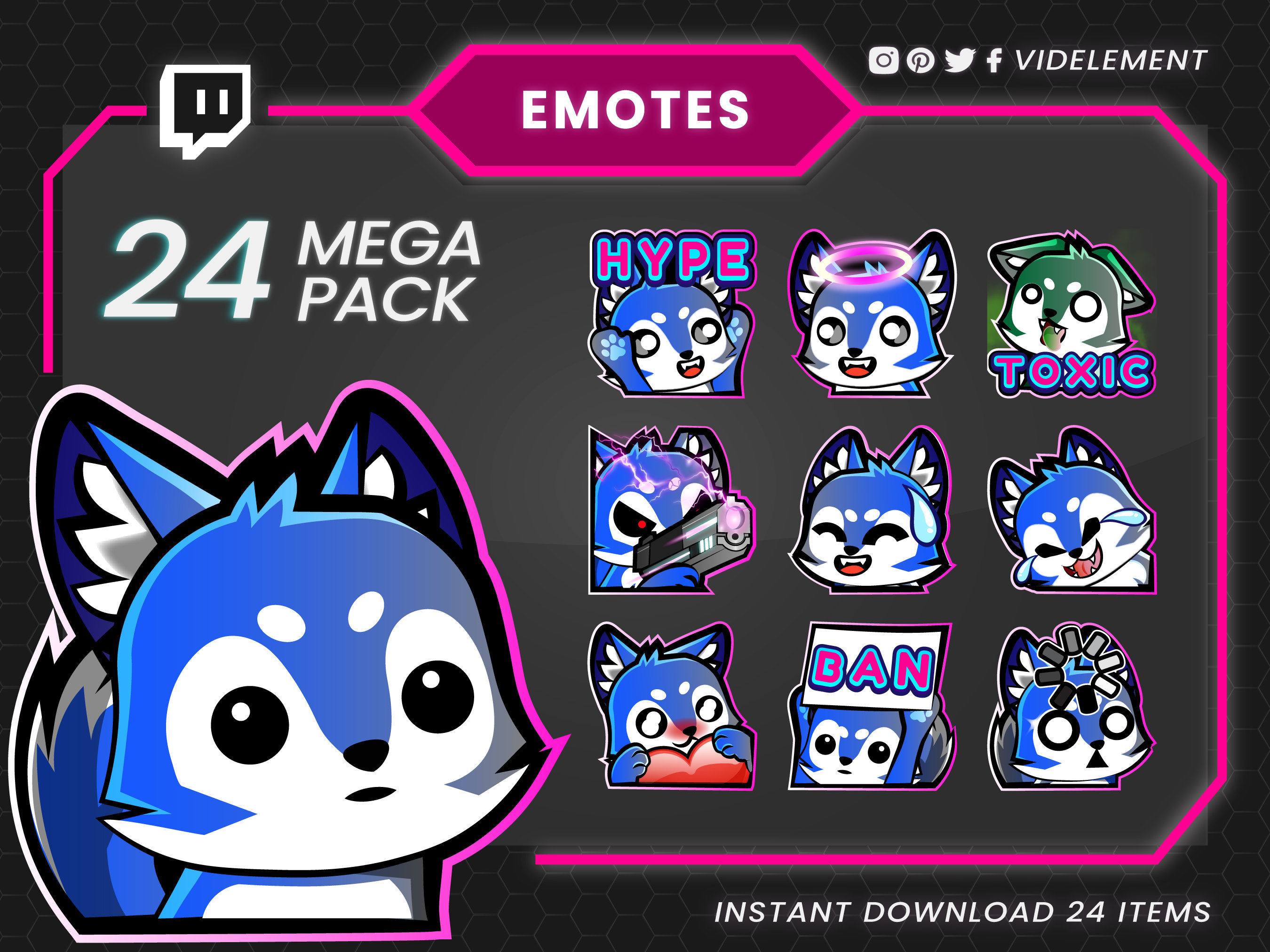 24 Blue Wolf Emotes Twitch Emotes Twitch Sub Emotes Text - Etsy