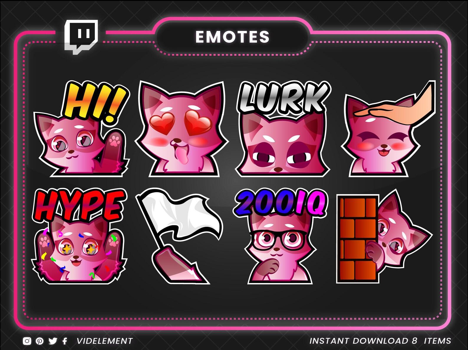 8 Pink Fox Emotes for Your Twitch Hi Emote Lurk Emote - Etsy