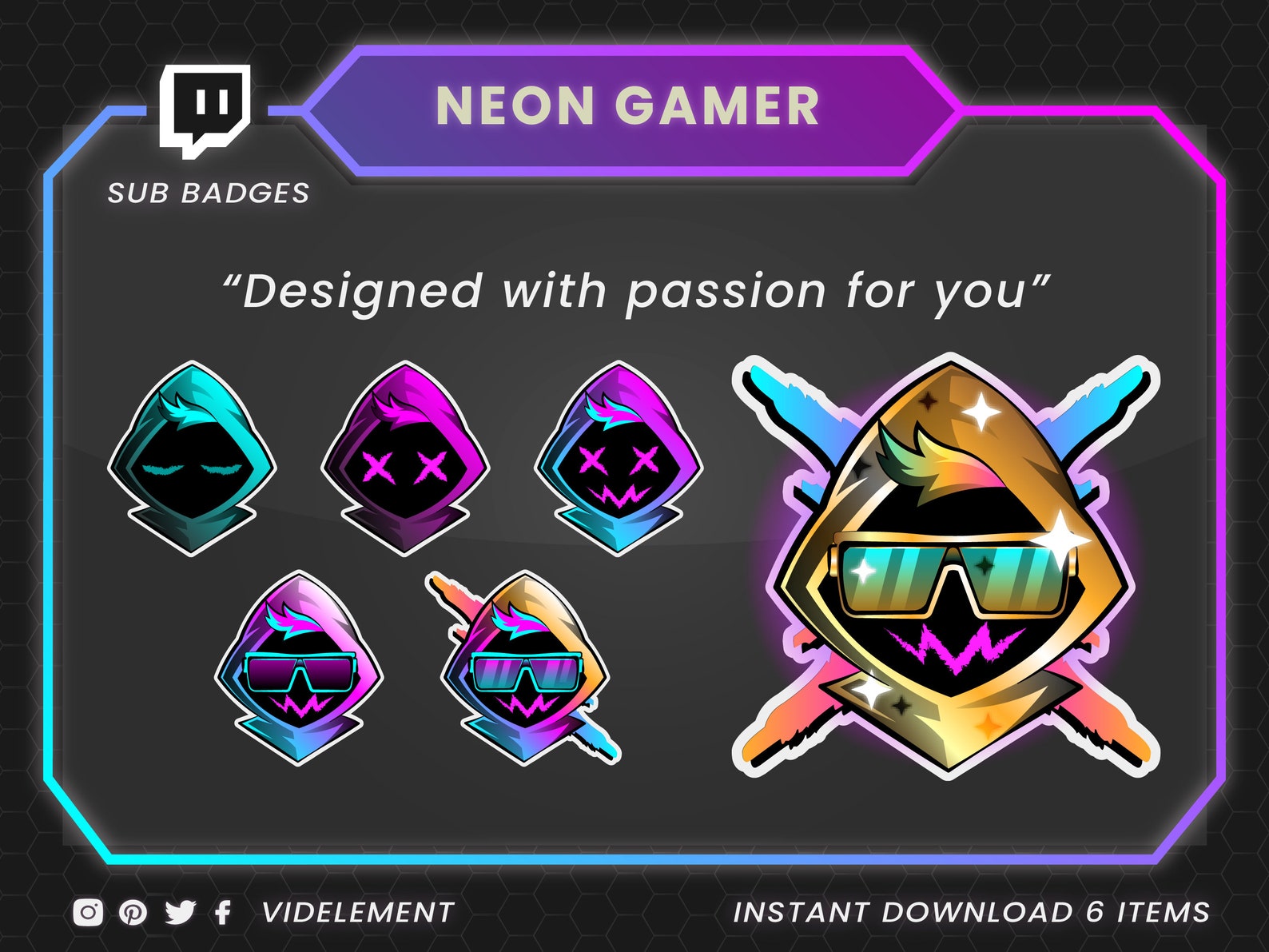 Twitch Sub Badges: Neon Gamer Character Badges (digital Download) - Etsy