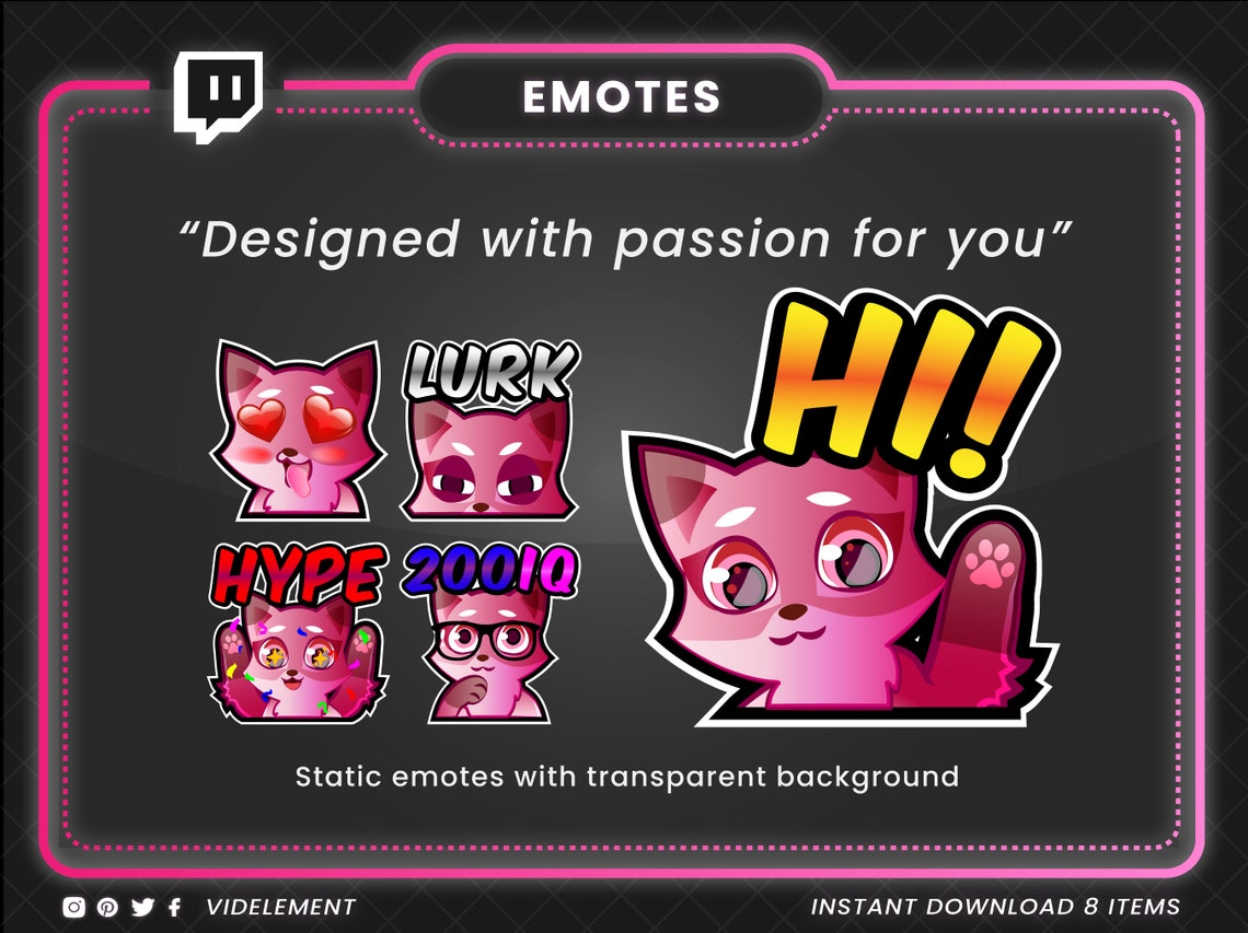 8 Pink Fox Emotes for Your Twitch Hi Emote Lurk Emote - Etsy
