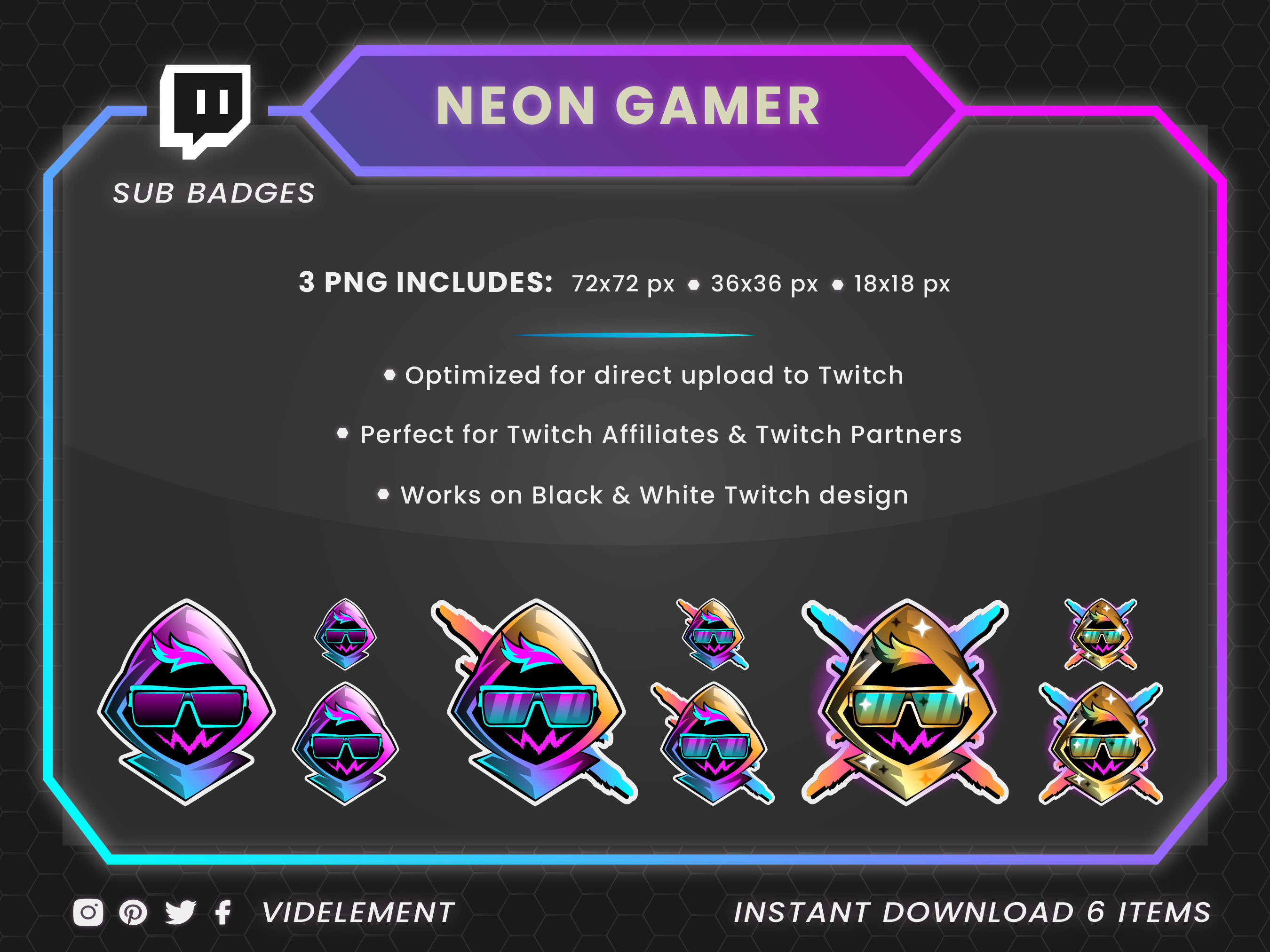 Twitch Sub Badges: Neon Gamer Character Badges (digital Download) - Etsy