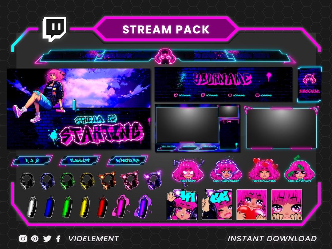 Stream Pack: Graffiti Girl Twitch Overlay - Neon Pink & Blue Stream ...