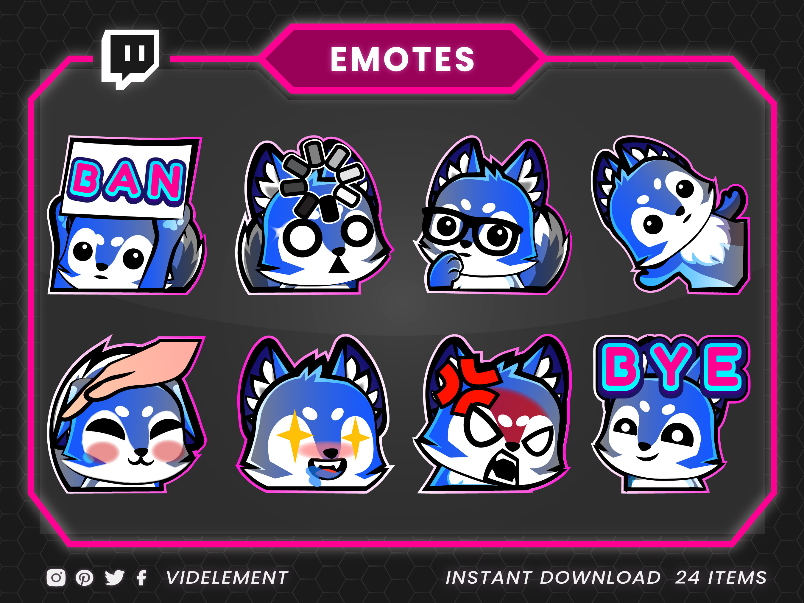 24 Blue Wolf Emotes Twitch Emotes Twitch Sub Emotes Text - Etsy