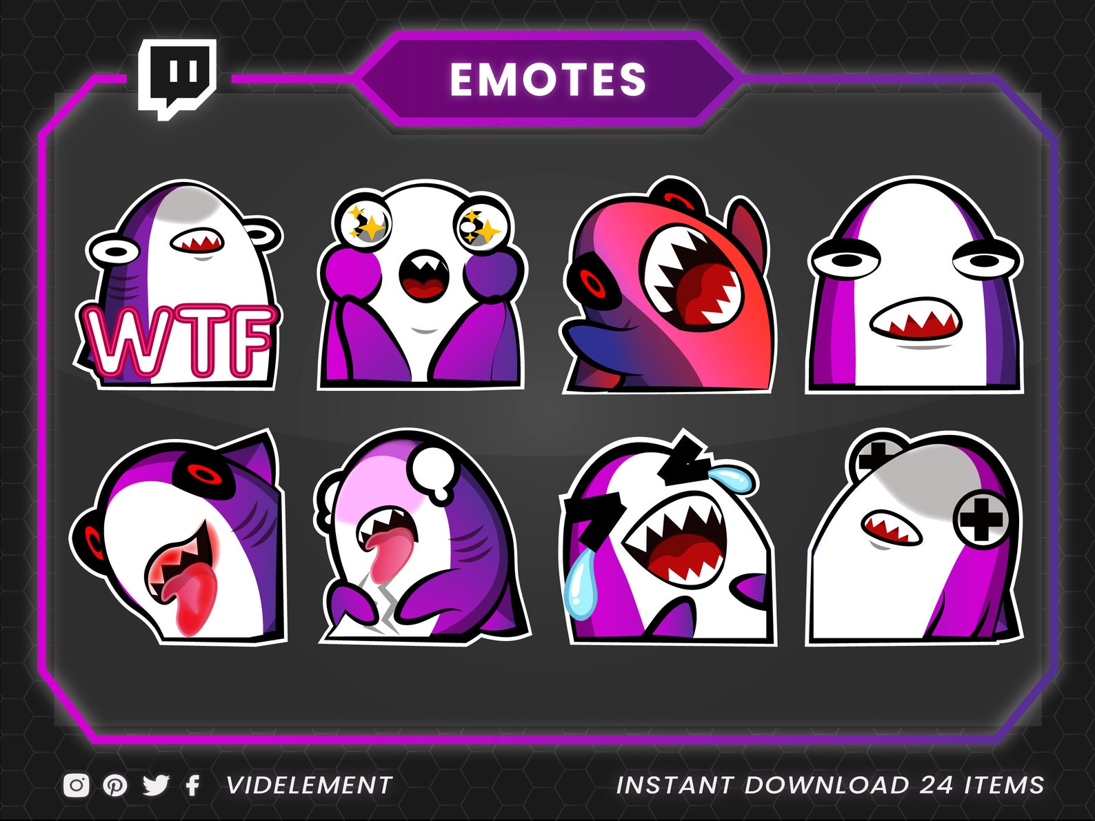 24 Purple Shark Emotes Twitch Emotes Twitch Sub Emotes Text - Etsy