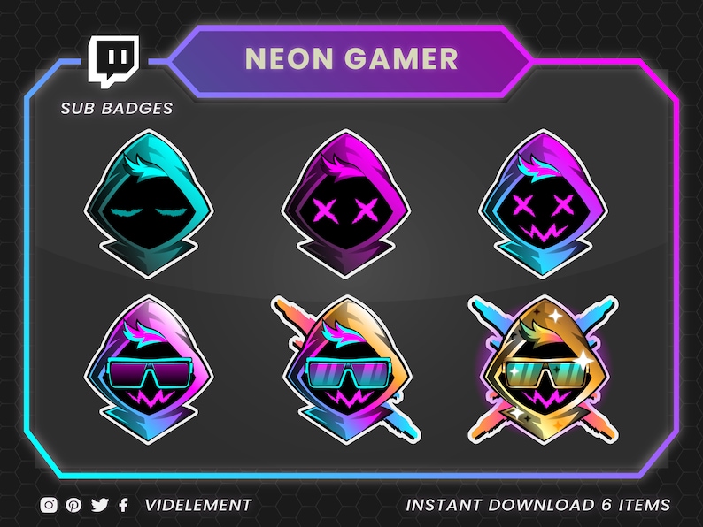 Badges Twitch Sub : badges de personnage néon gamer (téléchargement ...