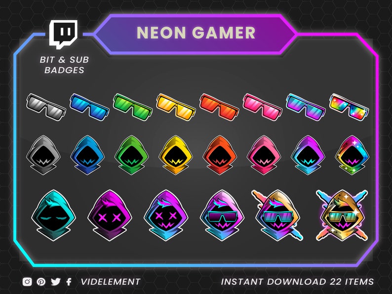 Neon Gamer Twitch Sub Badges: Unique Character Glasses (22 .PNG) - Etsy