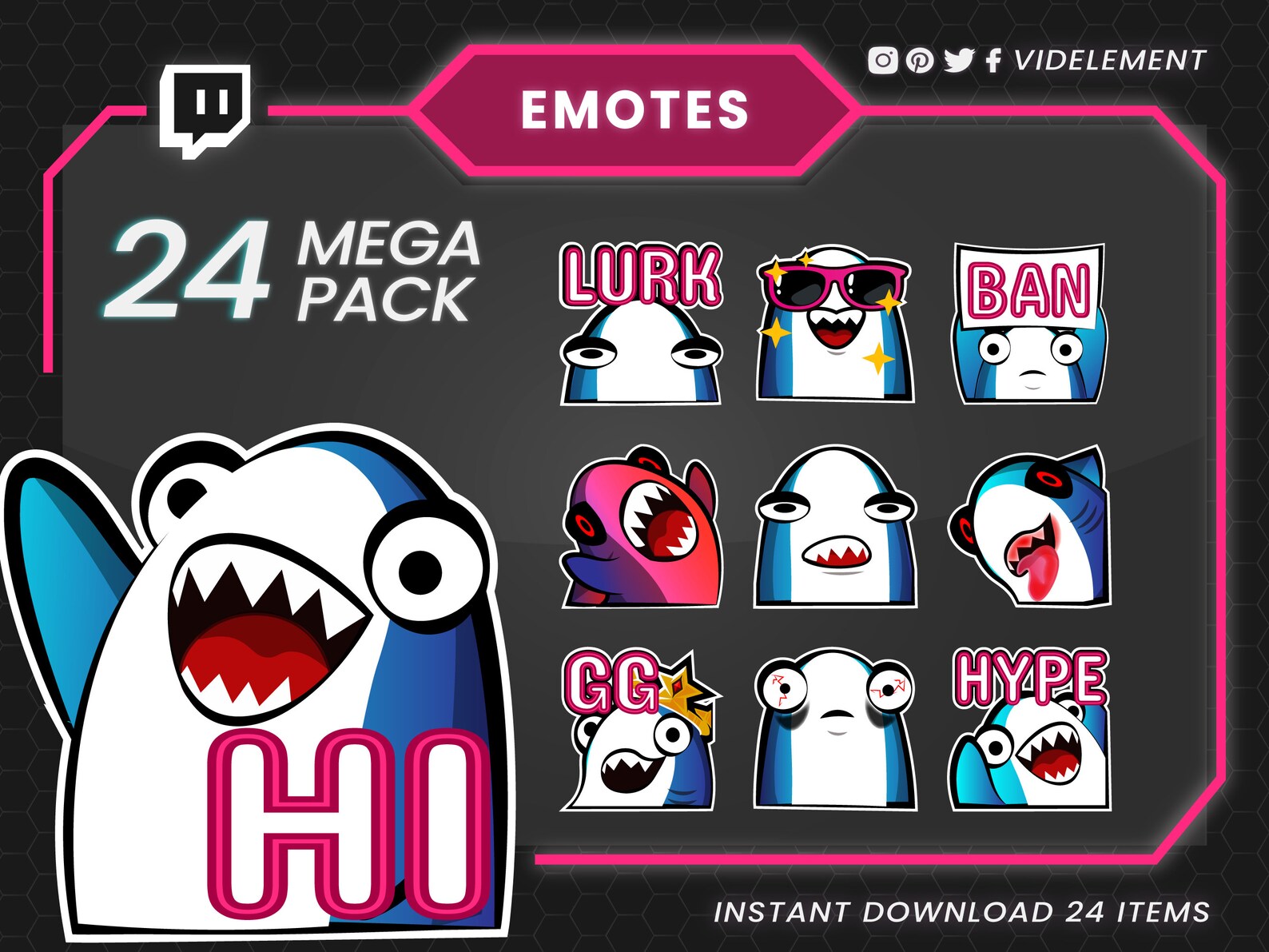 24 Blue Shark Emotes Twitch Emotes Twitch Sub Emotes Text - Etsy