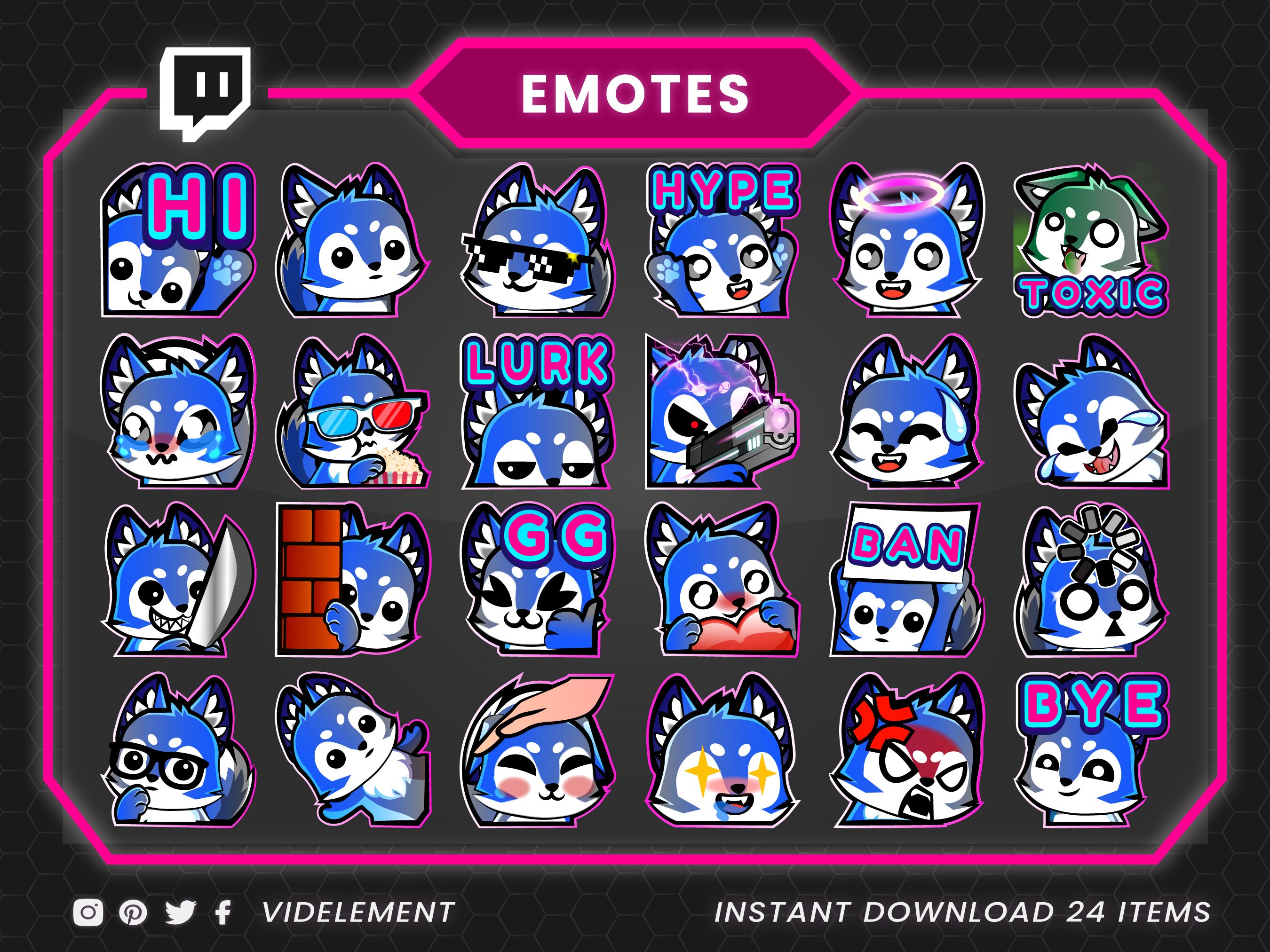 24 Blue Wolf Emotes, Twitch Emotes, Twitch Sub Emotes, Text Emote, Wolf ...