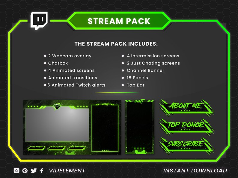 Animated Green Stream Pack: Webcam, Panels, Overlay (digital Download ...