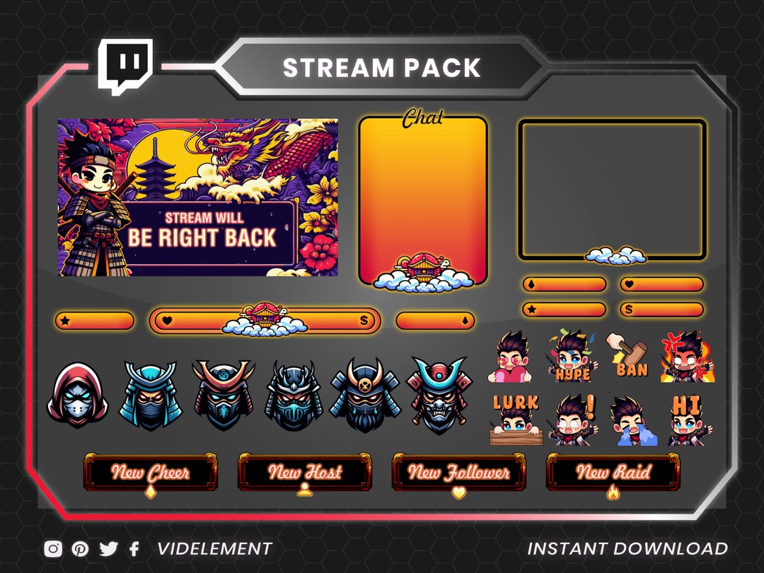 Chibi Samurai Stream Pack – Animated Twitch Emotes & Sakura Overlay for ...