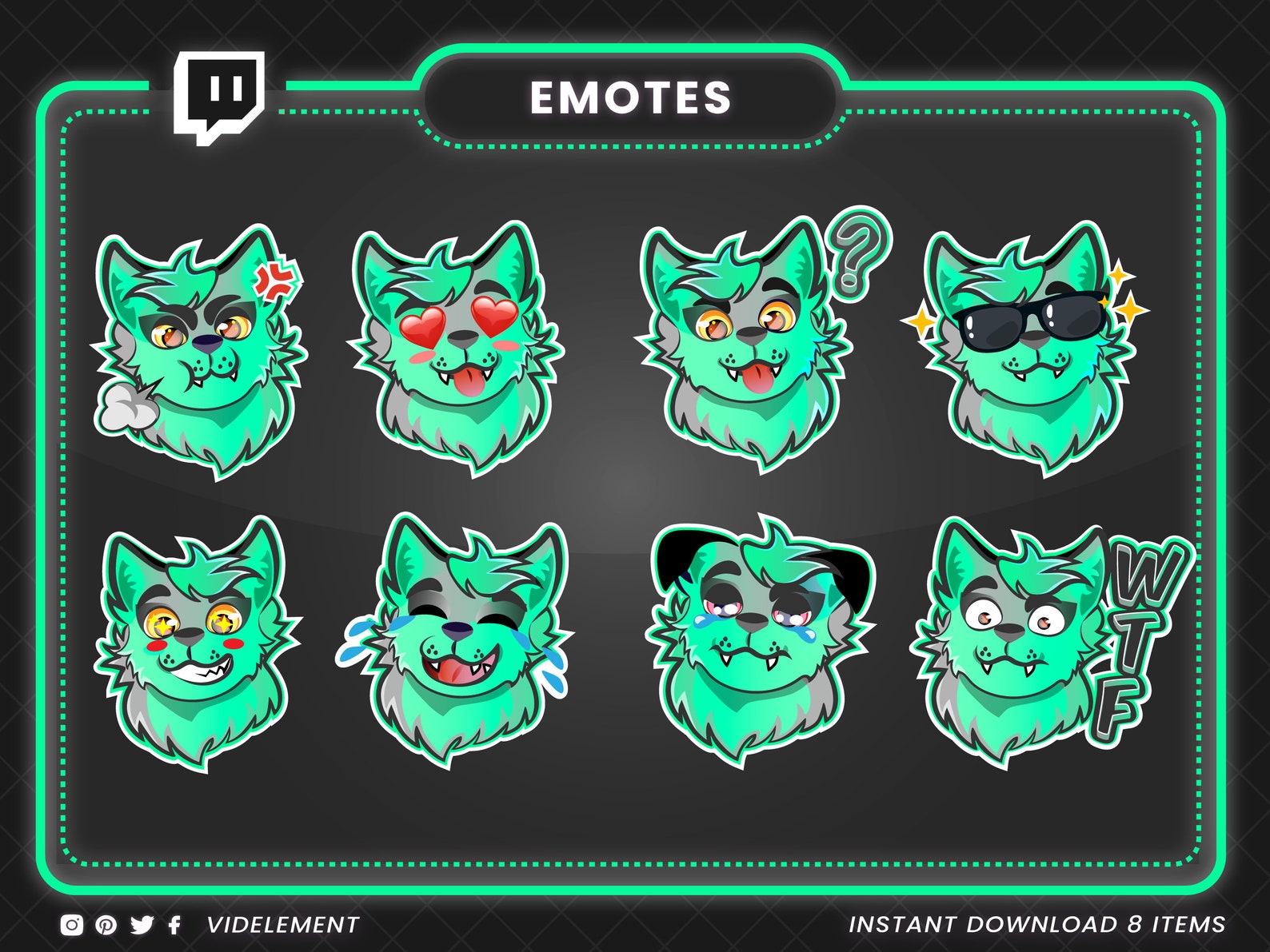 Emerald Wolf Emotes | Twitch Emote, Discord Emote, Text Emote, Creature ...