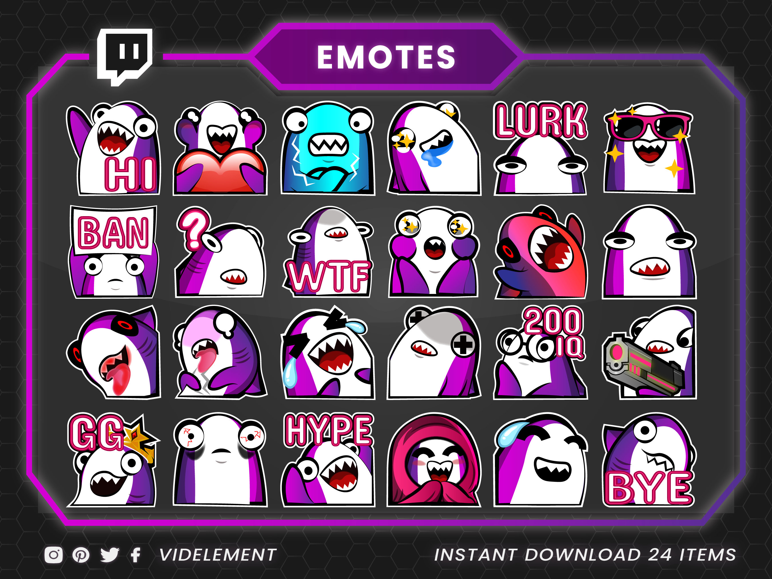 24 Purple Shark Emotes, Twitch Emotes, Twitch Sub Emotes, Text Emotes ...