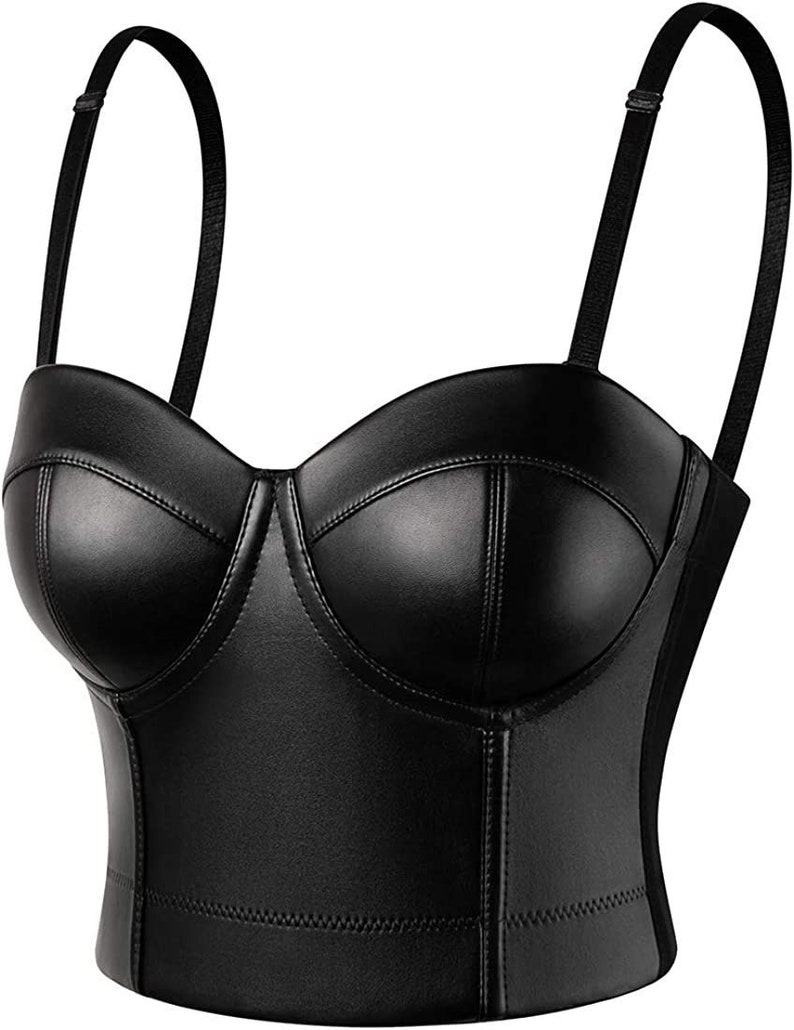 Womens Faux Leather Bustier Steampunk Corset Boned Crop Top Bra With ...