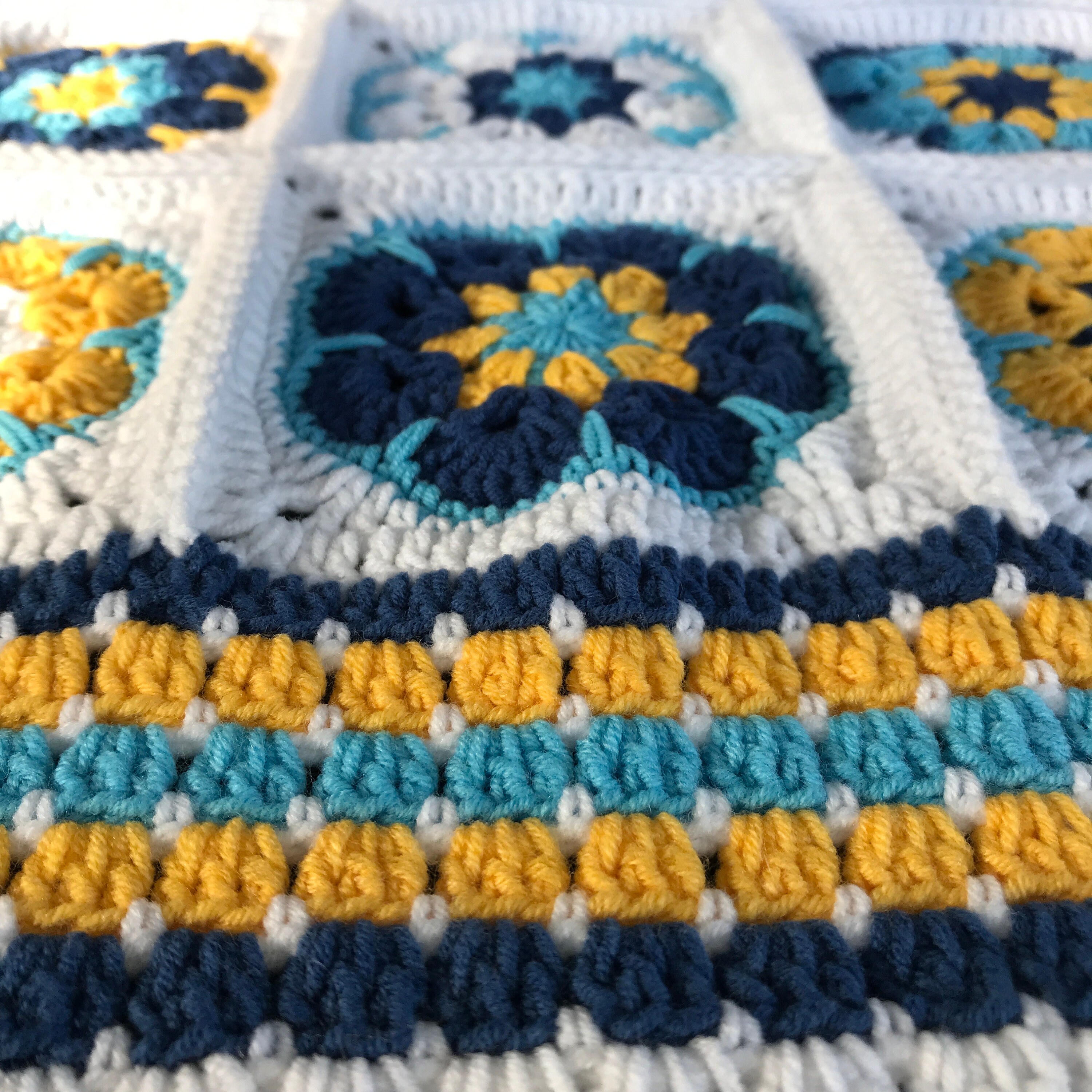 Wide Bordered African Floral Crochet Blanket With Light Blue Colors ...
