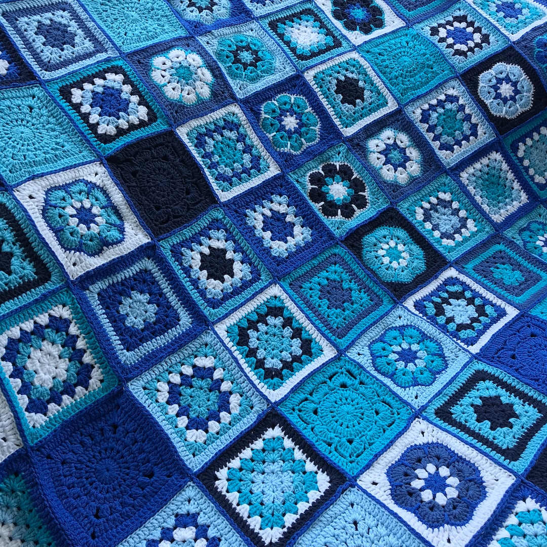 Custom Blue Crochet Patchwork Granny Square Cotton Lap Throw - Etsy