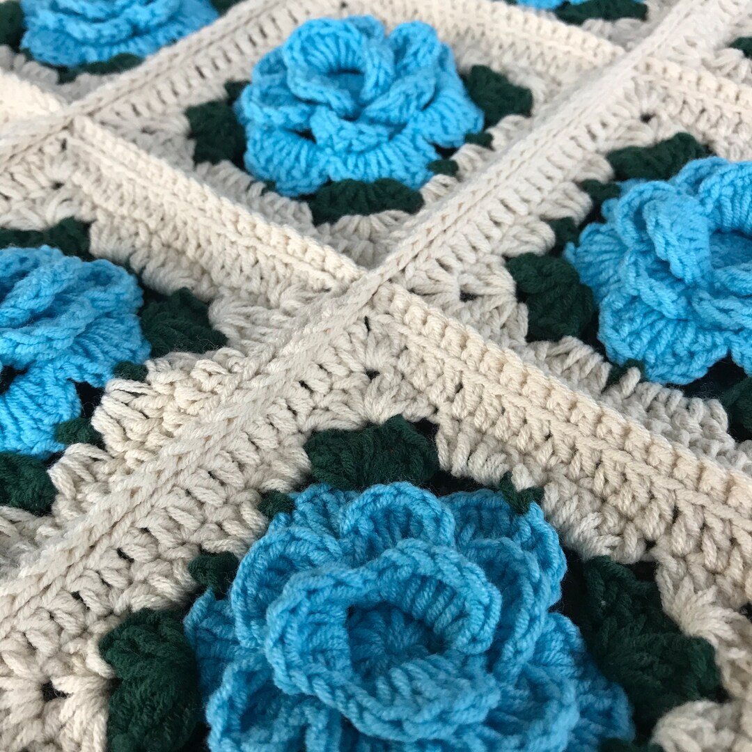 3D Blue Rose Crochet Granny Square Blanket Crochet Blanket Handmade for ...