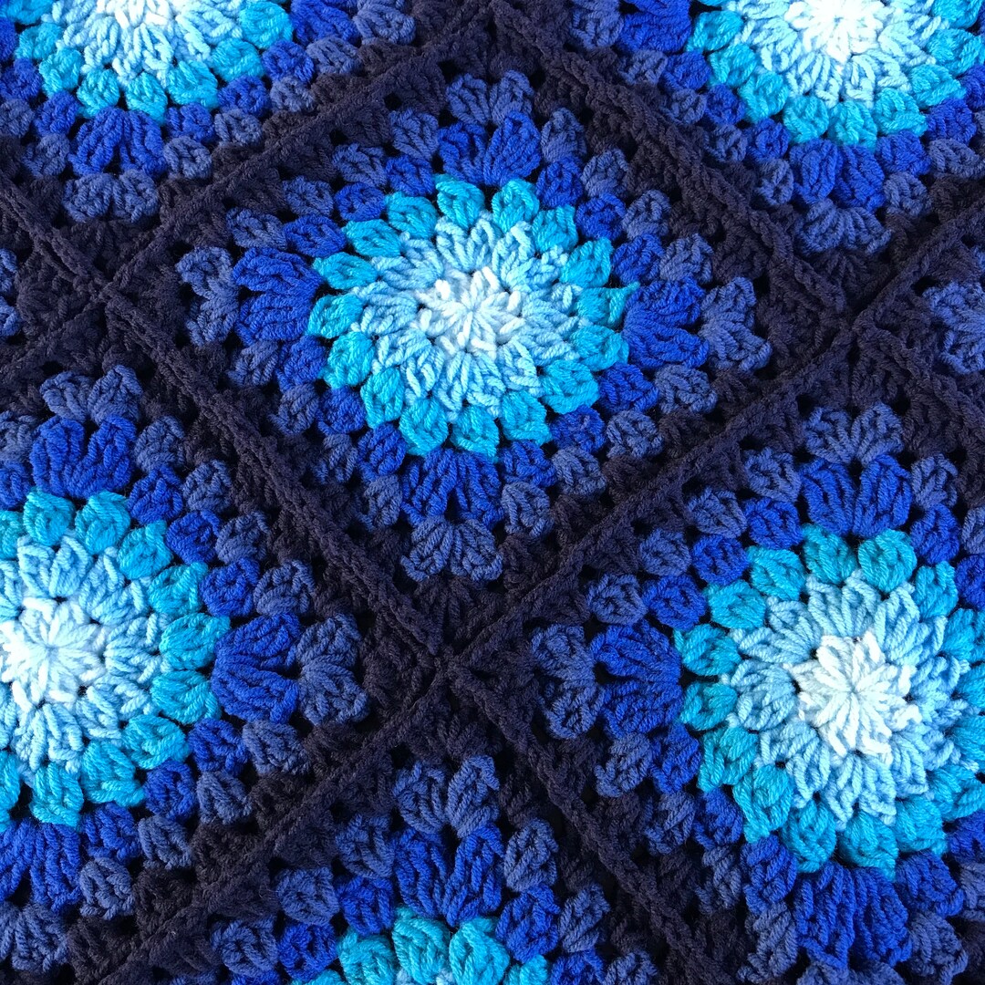 Dark Blue Light Blue Crochet Floral Blanket Navy-blue Small Afghan ...
