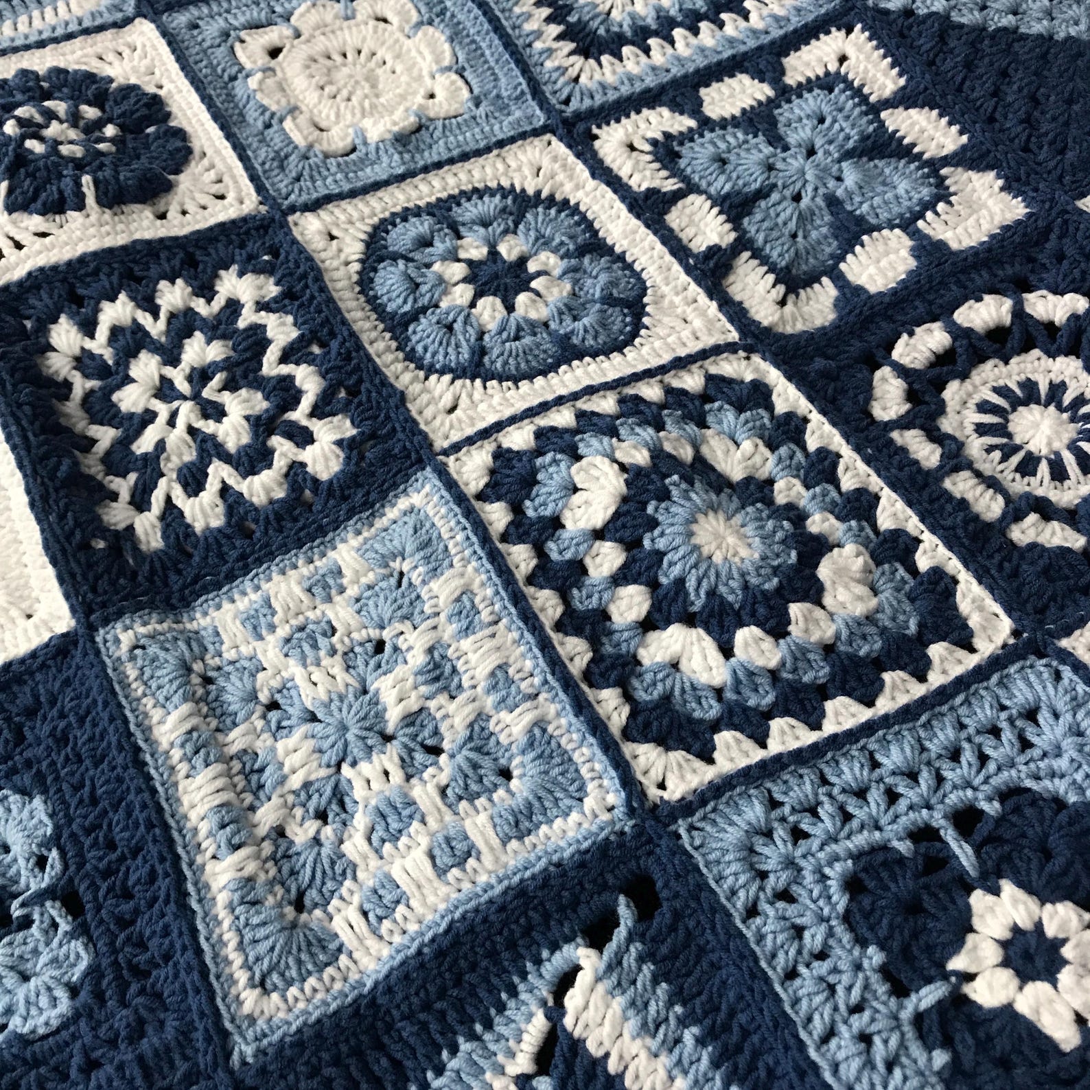 Custom Crochet Blanket: Blue & White Motif Afghan, Handmade Throw ...