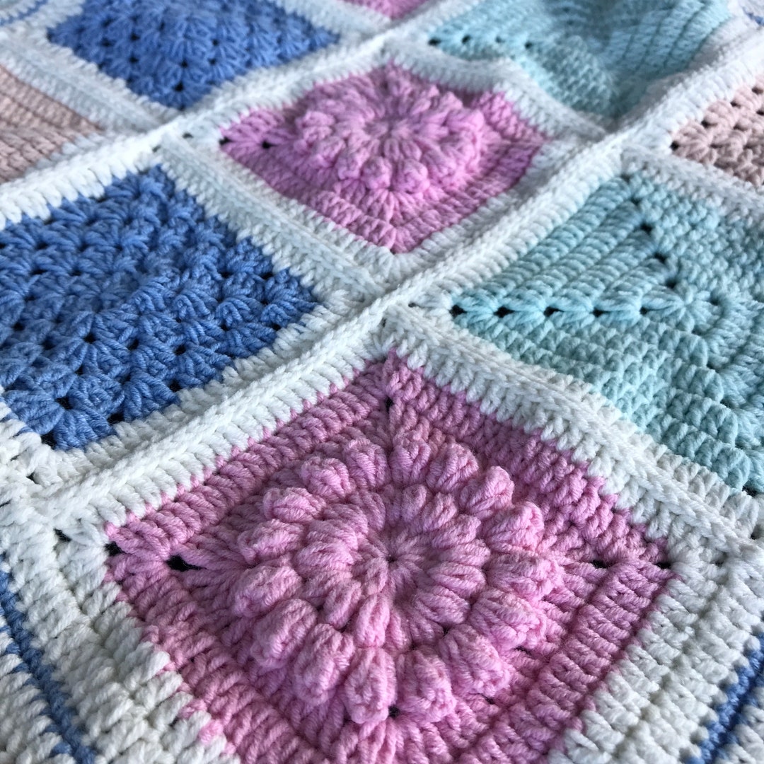 Wide Border Baby Pastel Colors, Crochet Popcorn Motif Blanket Custom ...