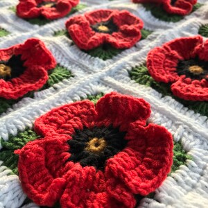 Red and White Poppy Blanket Crochet 3D Poppy Floral Cotton Crochet ...