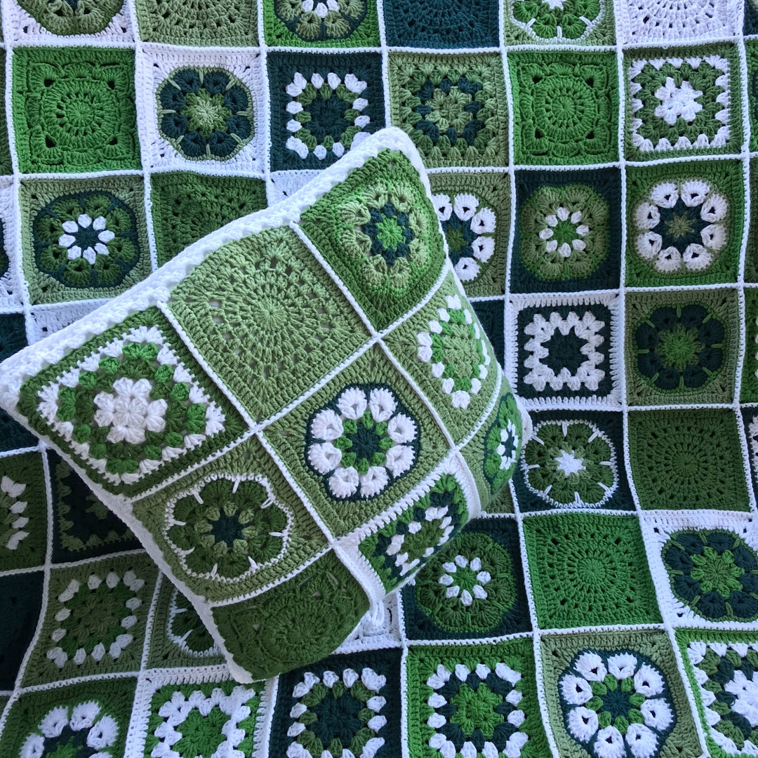 Handmade Green Crochet Pillow Set Granny Square Crochet Blanket Crochet ...
